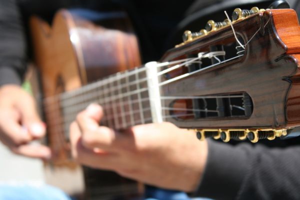 Guitar player plucking string